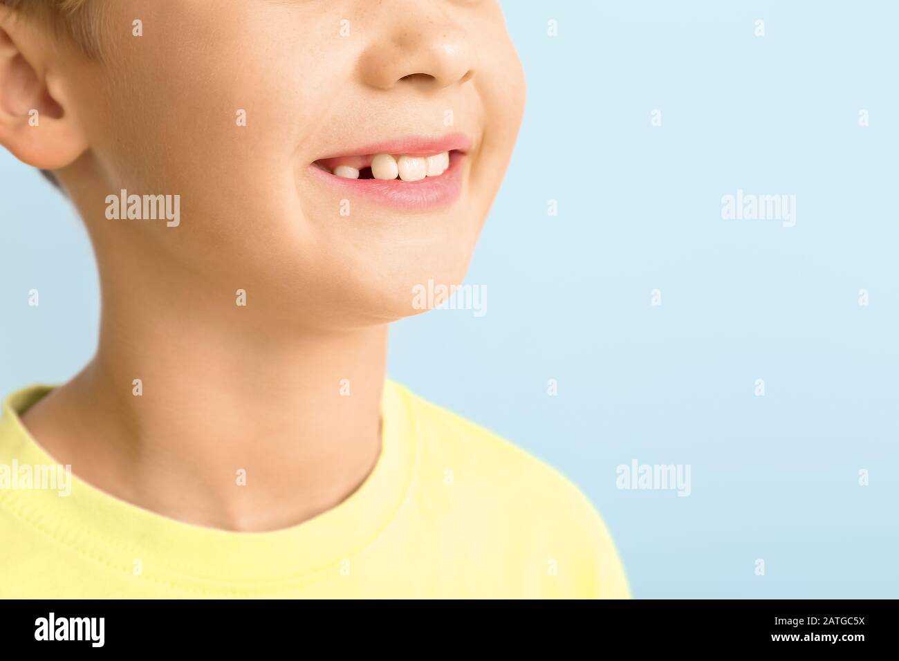 Happy little boy with healthy teeth on white background, closeup Stock ...