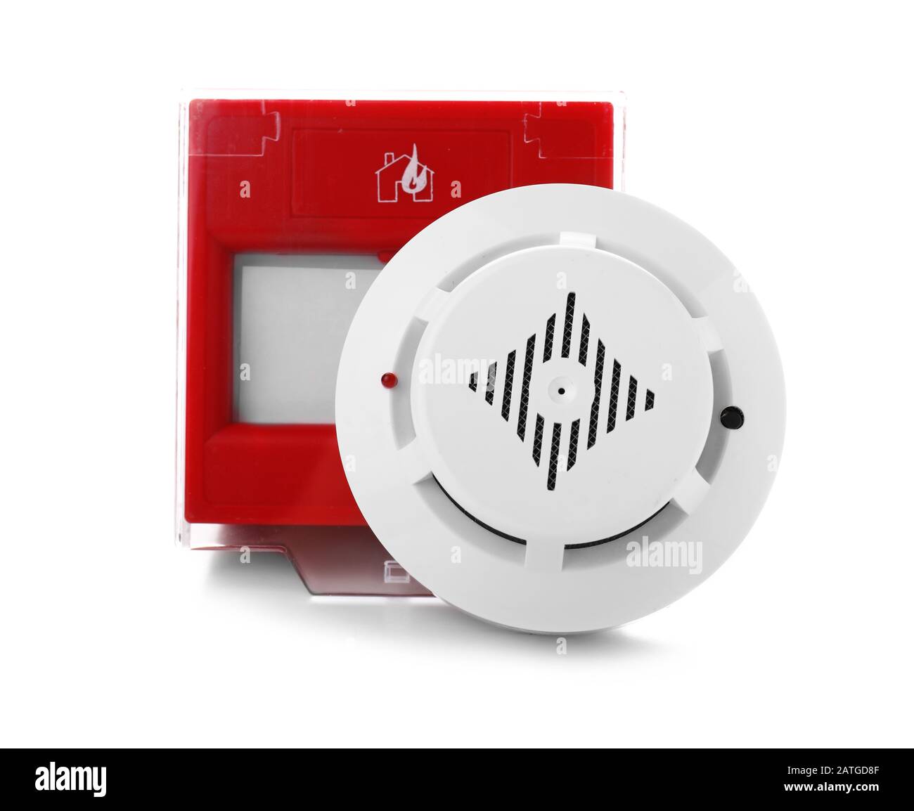 Smoke detector and manual call point on white background Stock Photo ...