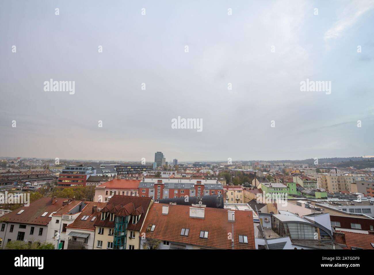 Aerial panorama of Brno, Czech Republic, with a focus on a residential ...