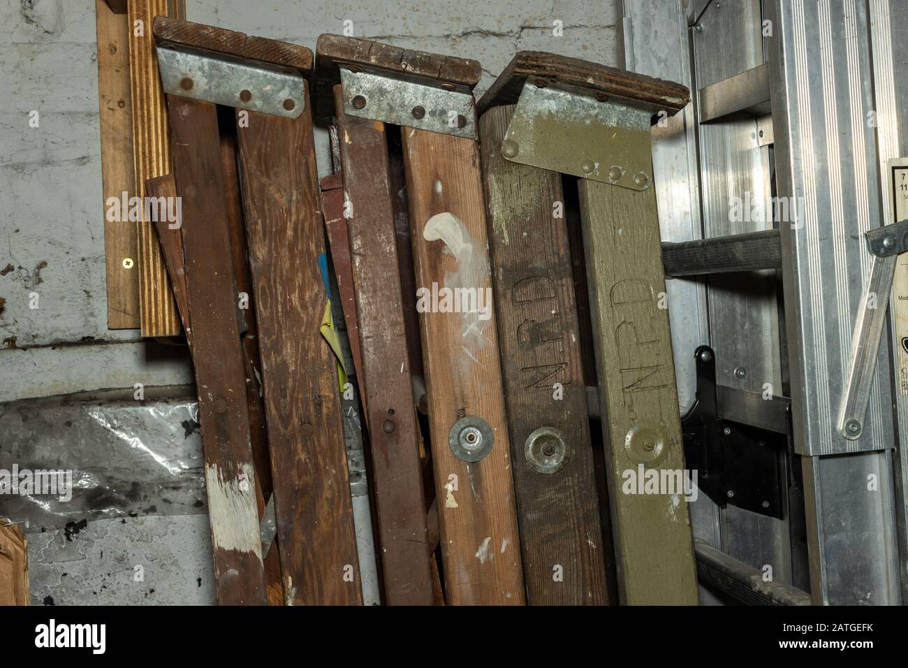 stack of wooden ladders Stock Photo - Alamy