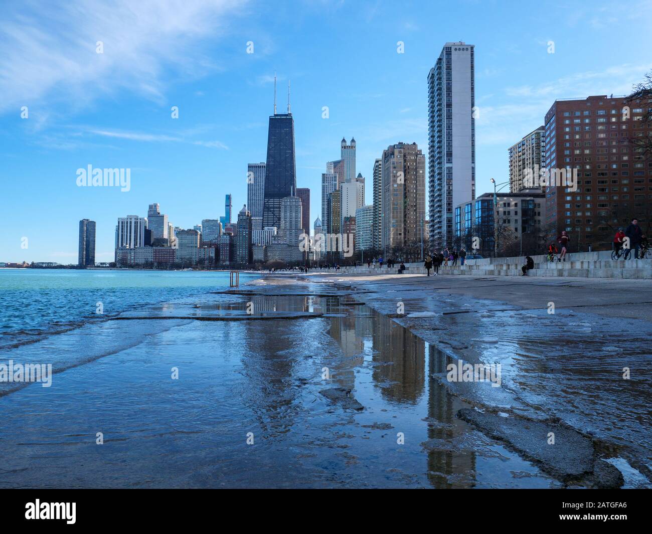 Chicago skyline from lakefront north of downtown. Seawall showing near ...