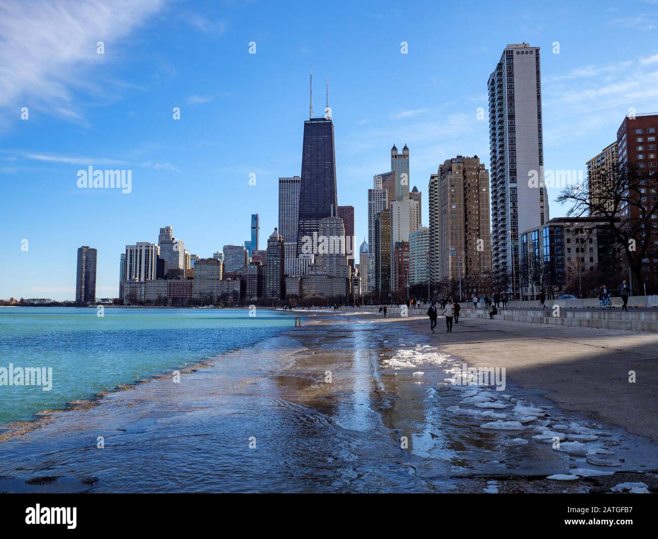 Chicago skyline from lakefront north of downtown. Seawall showing near ...