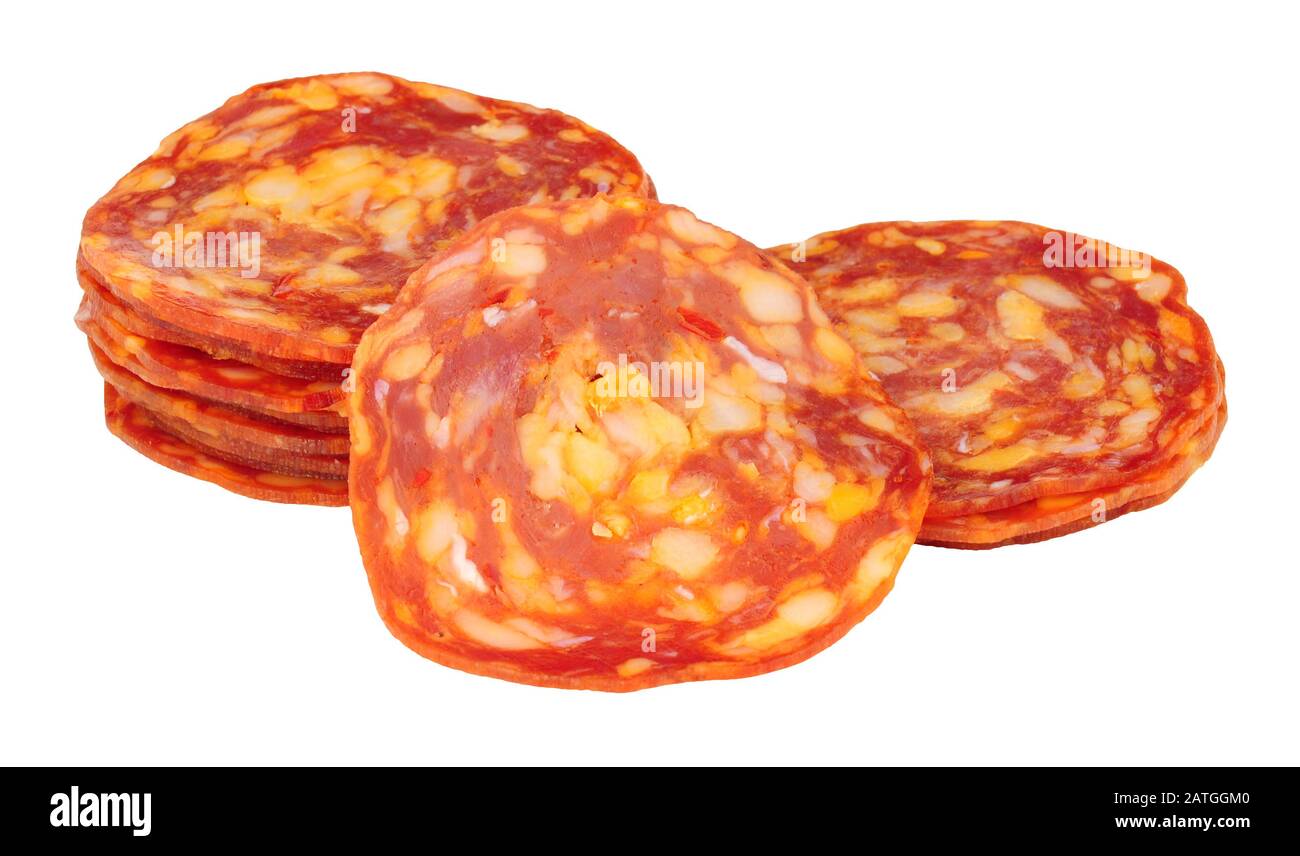 Spicy chorizo sausage meat slices isolated on a white background Stock ...