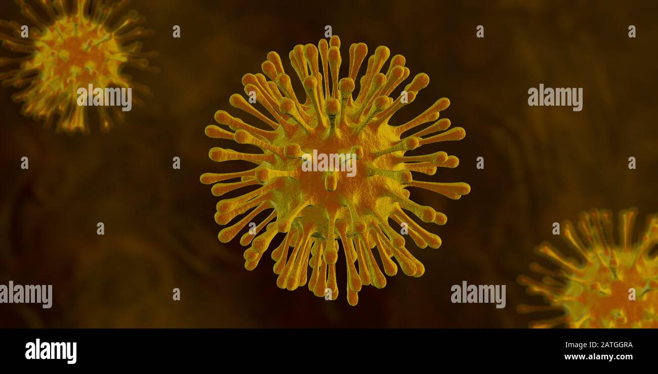 Yellow viruses with hairs and rough texture floating on a dark yellow ...
