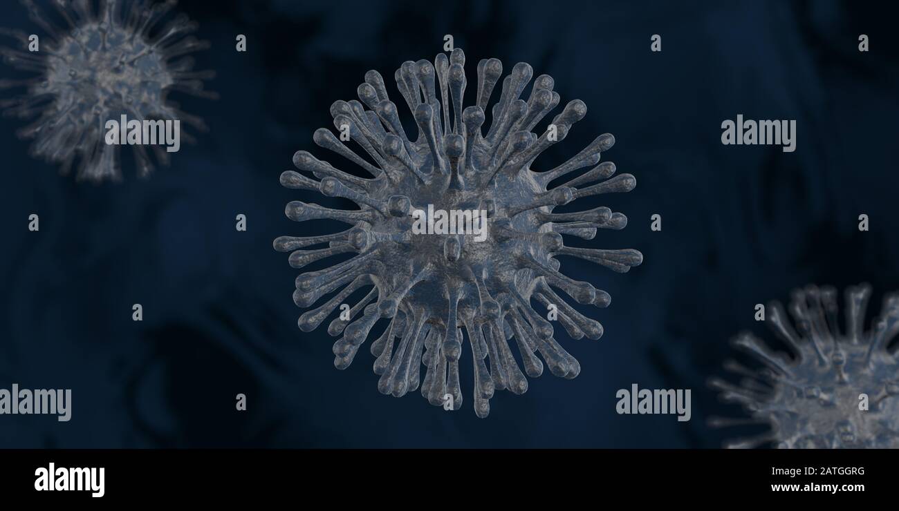 Blue gray viruses with hairs and rough texture floating on a dark blue ...