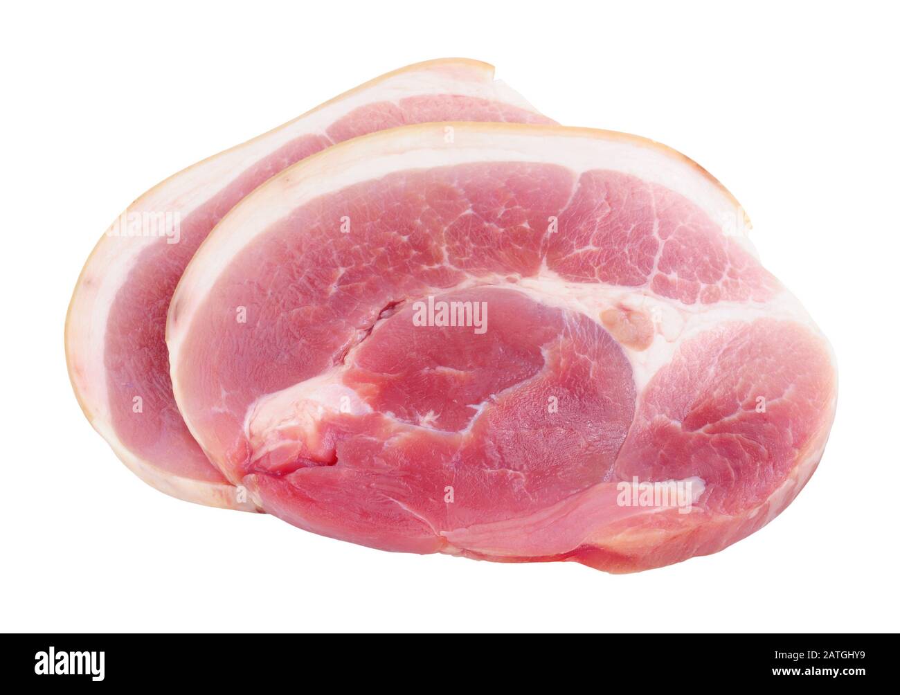 Two raw smoked horseshoe gammon steaks isolated on a white background ...