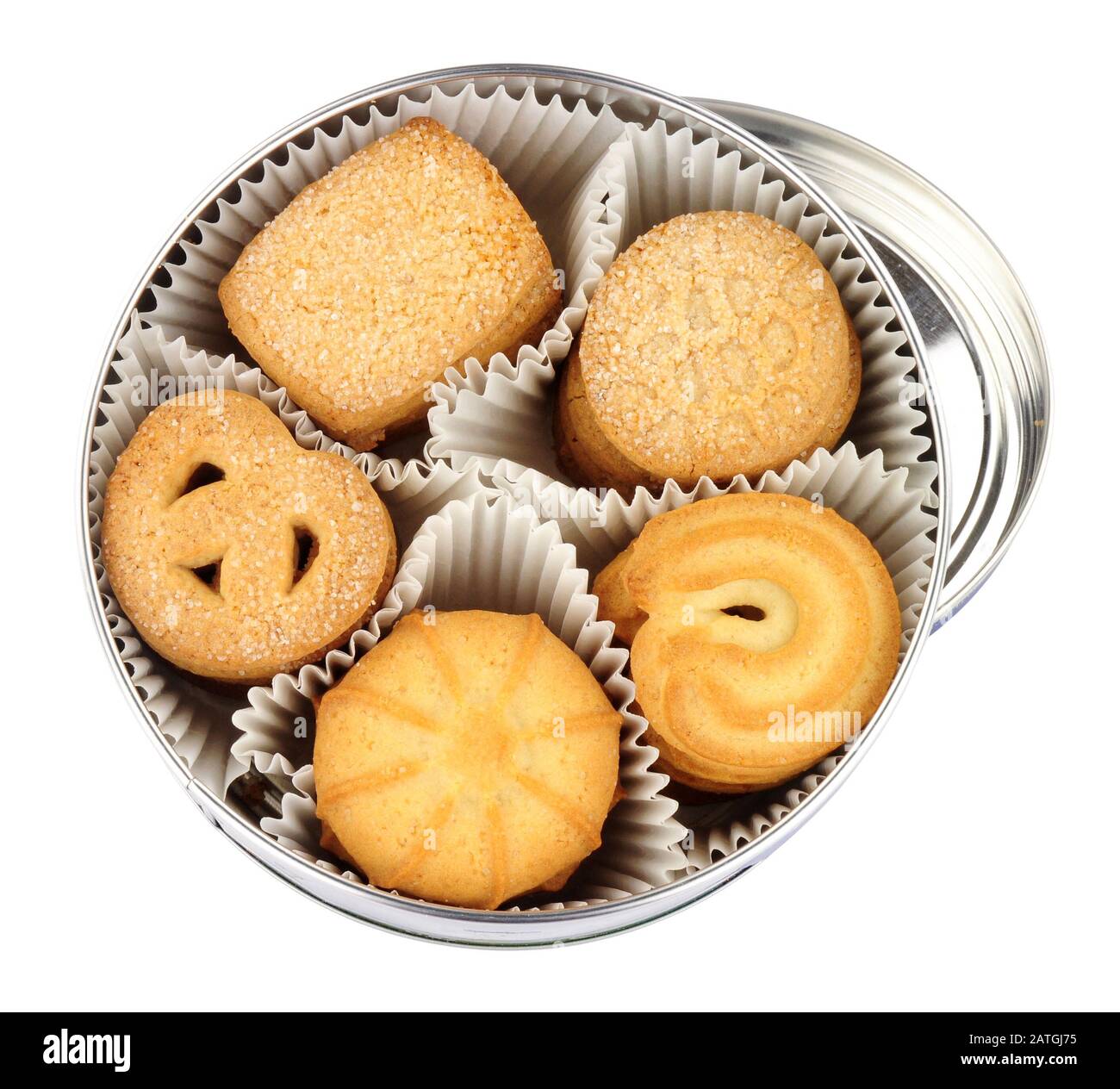 Tin of Danish butter biscuits isolated on a white background Stock ...
