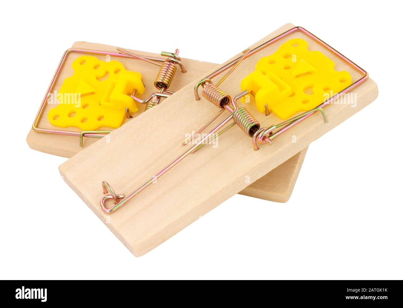Two traditional spring loaded bar mouse traps isolated on a white ...