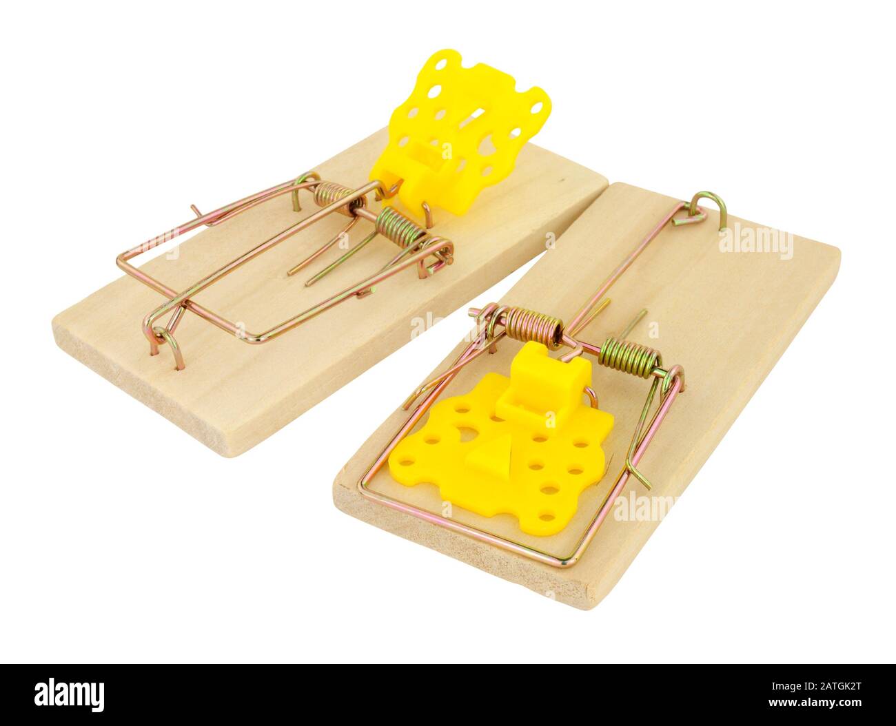 Two traditional spring loaded bar mouse traps isolated on a white ...
