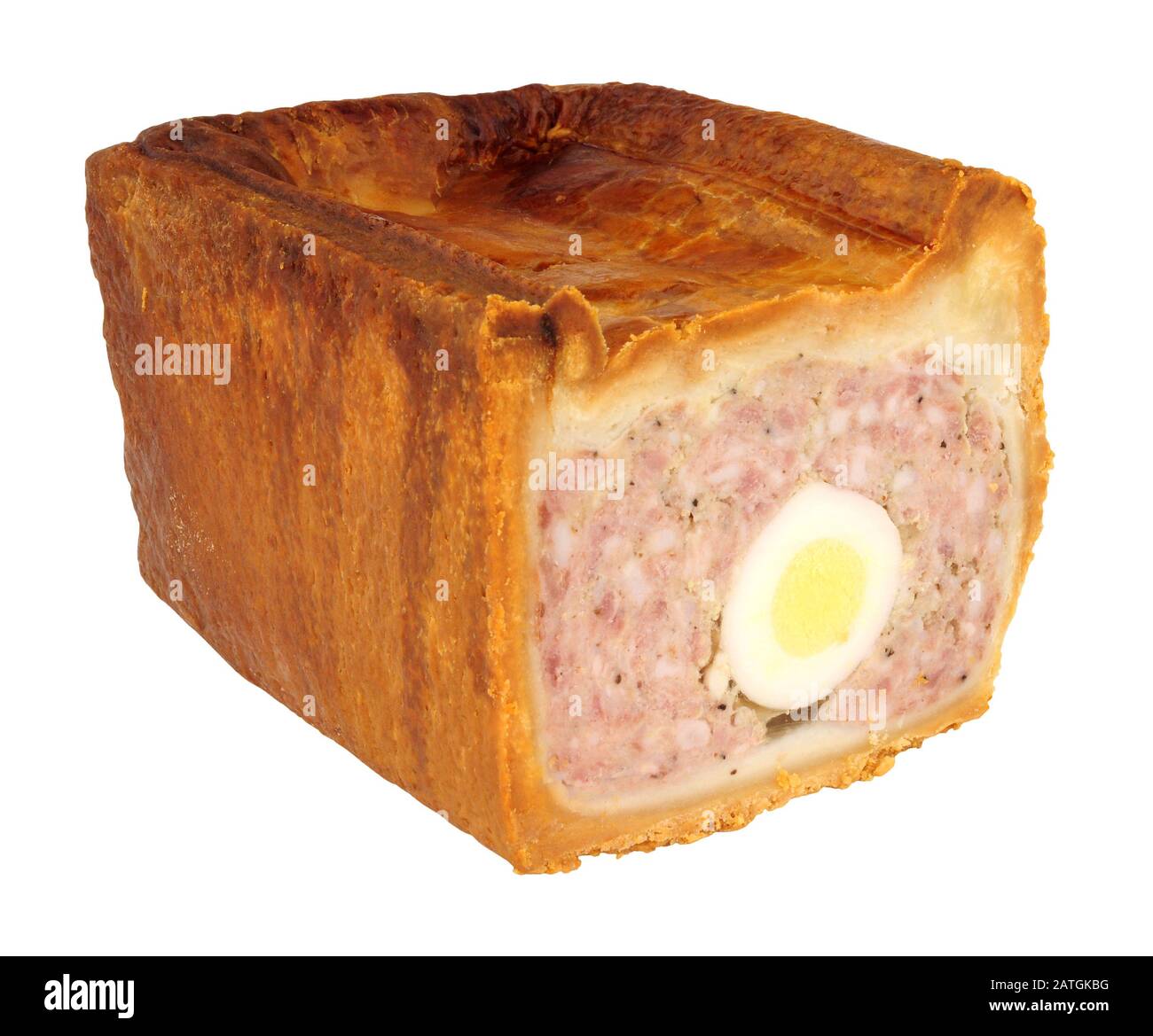 Traditional English savoury gala egg pork pie with crusty hot water ...