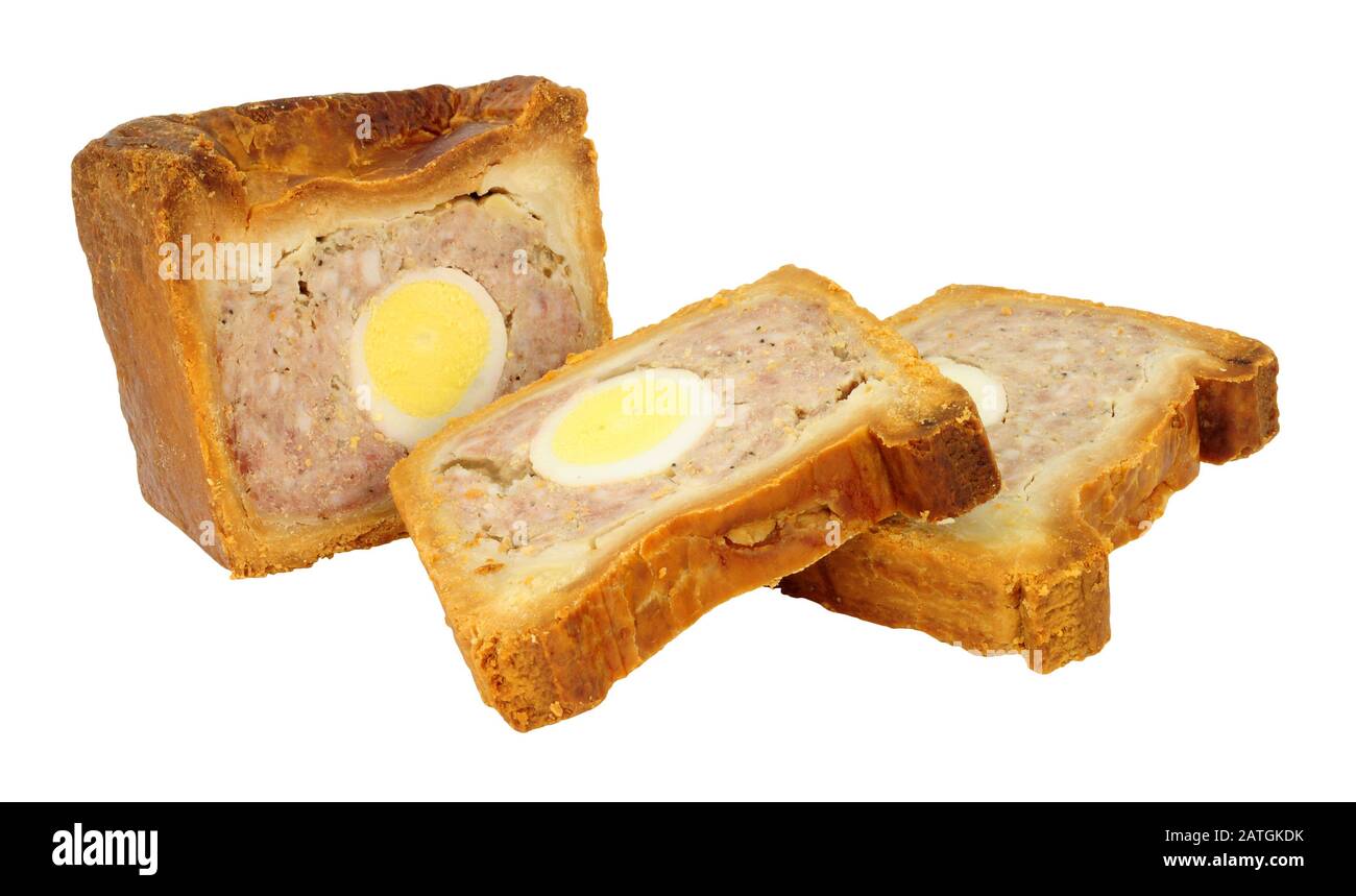 Traditional English savoury gala egg pork pie with crusty hot water ...
