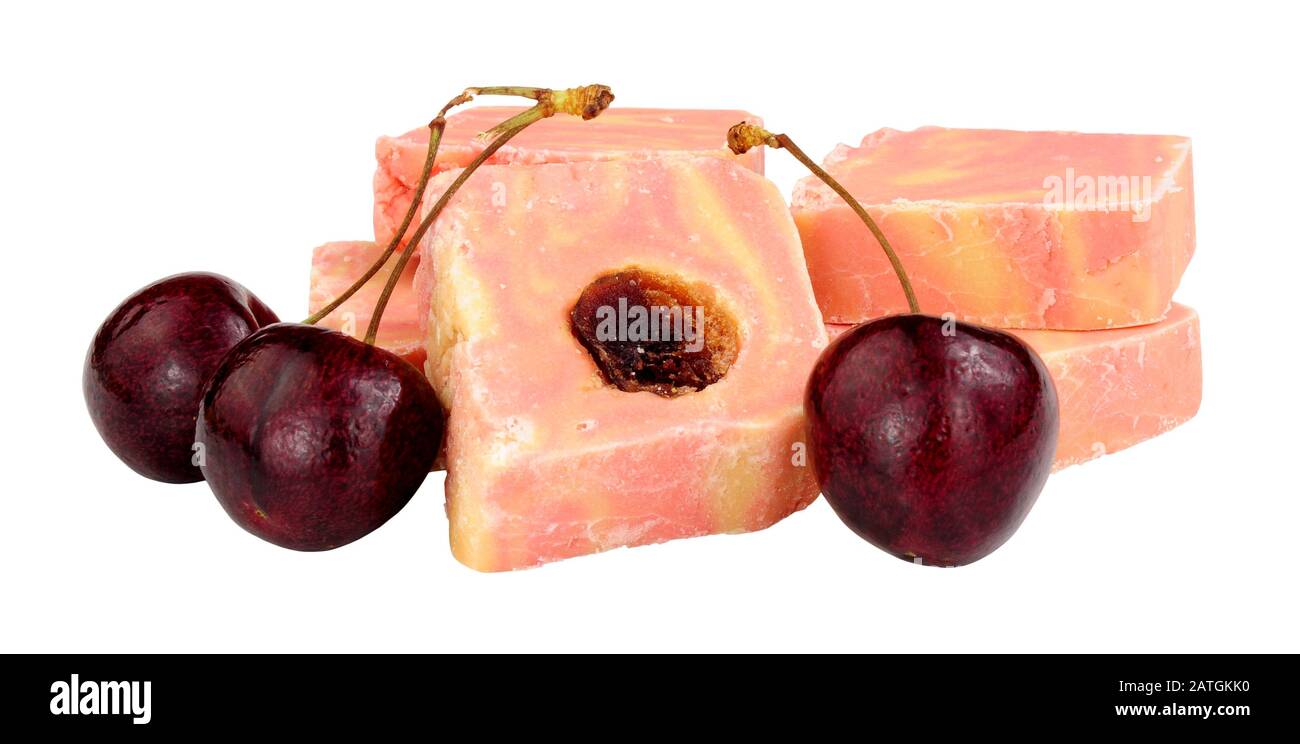 Group of cherry flavour fudge confectionery isolated on a white ...