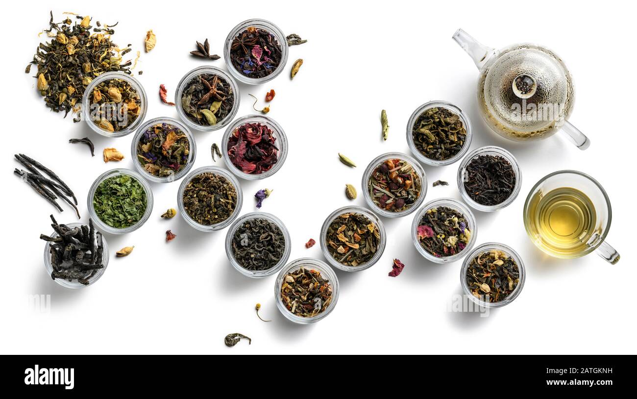 Large assortment of tea on a white background. The view from the top ...