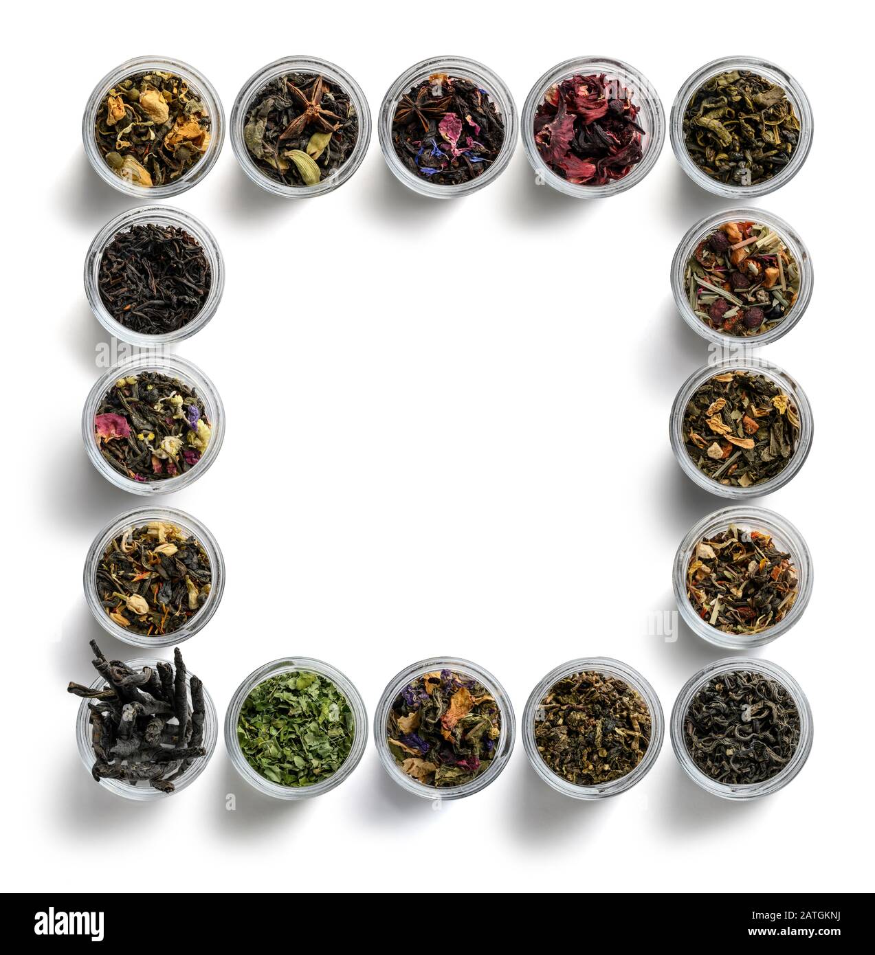Large assortment of teas in the form of a frame on a white background ...