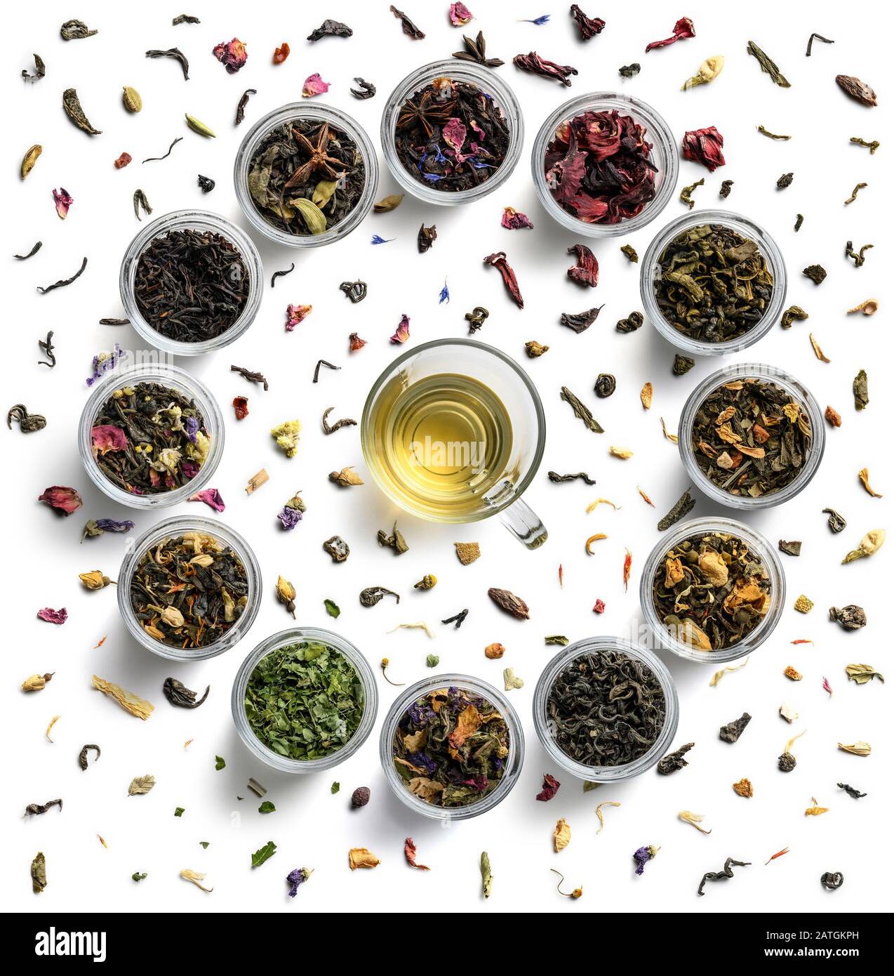 Large tea set in the shape of a clock face. Top view on white ...