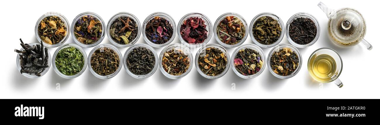 Large assortment of tea on a white background. The view from the top ...