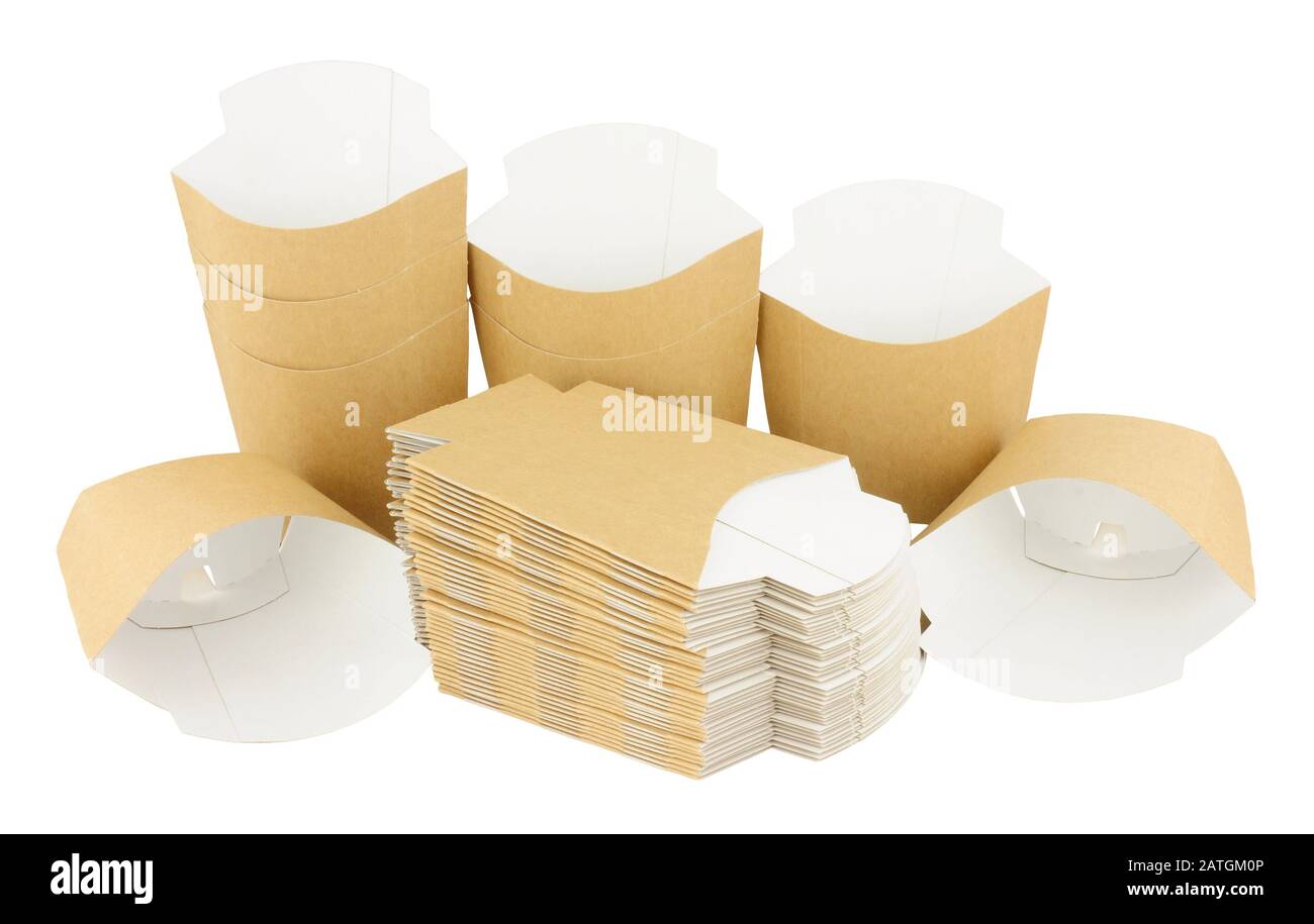 Cardboard French fry take away scoops isolated on a white background ...