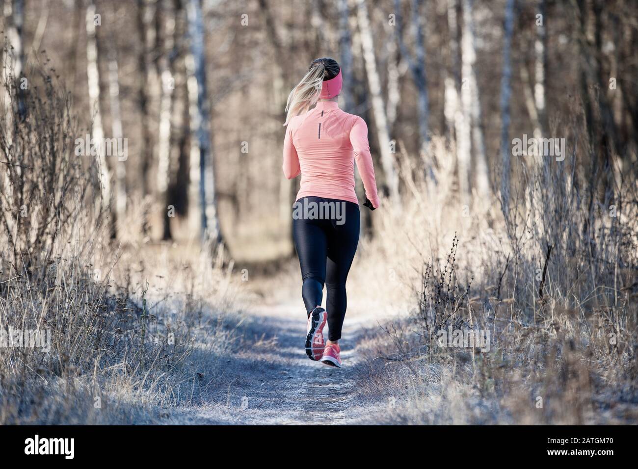 Back view of running girl in fall park in the morning. Sporty jogging ...