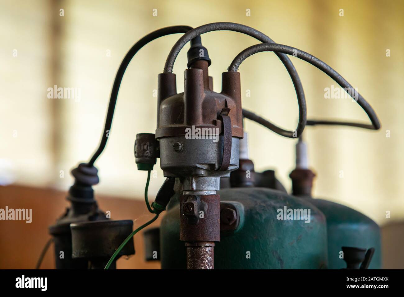 Close-up view of a vintage agricultural engine. Farming machinery part ...