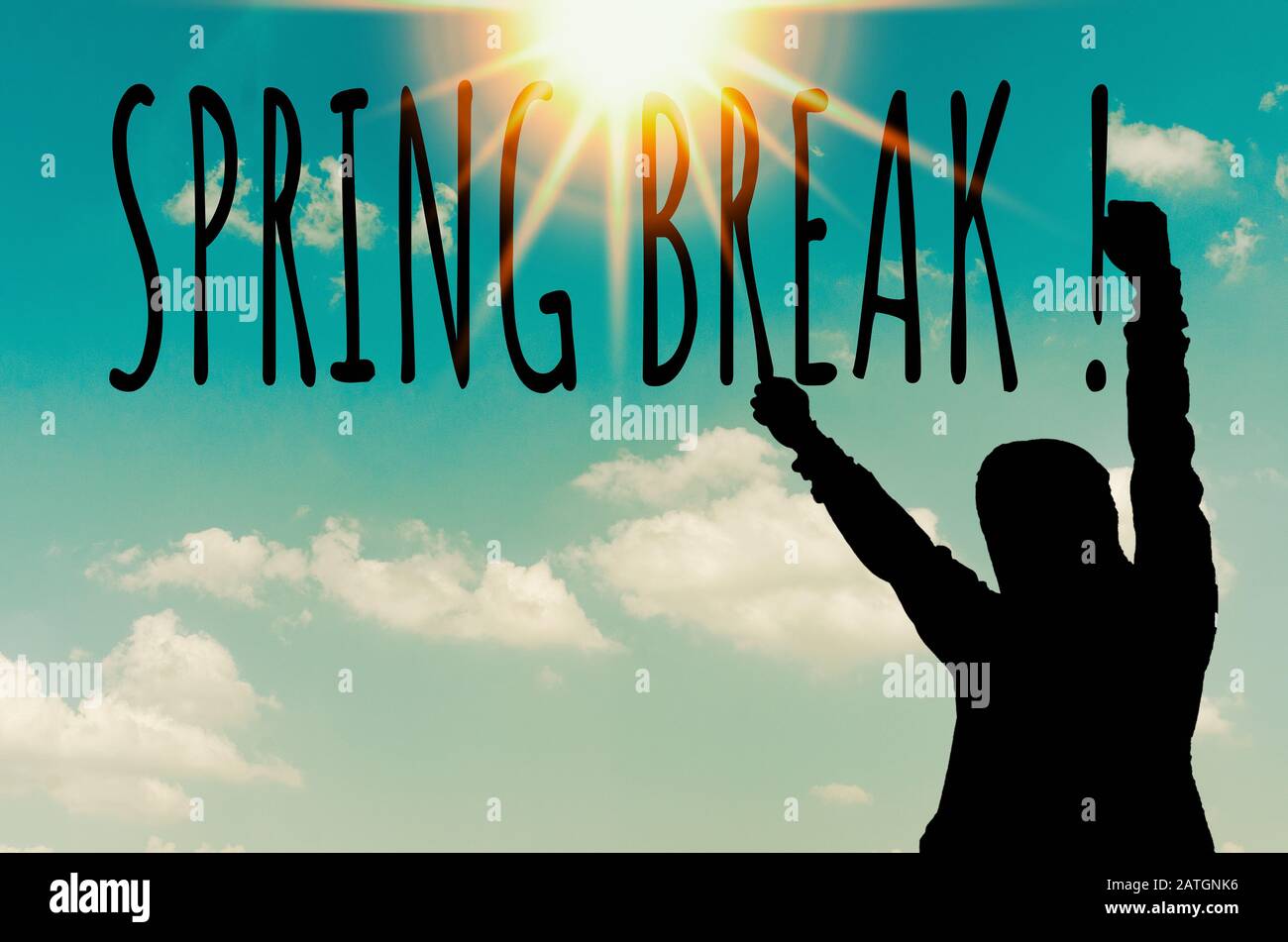 silhouette man in celebration poses with "spring break" word Stock ...