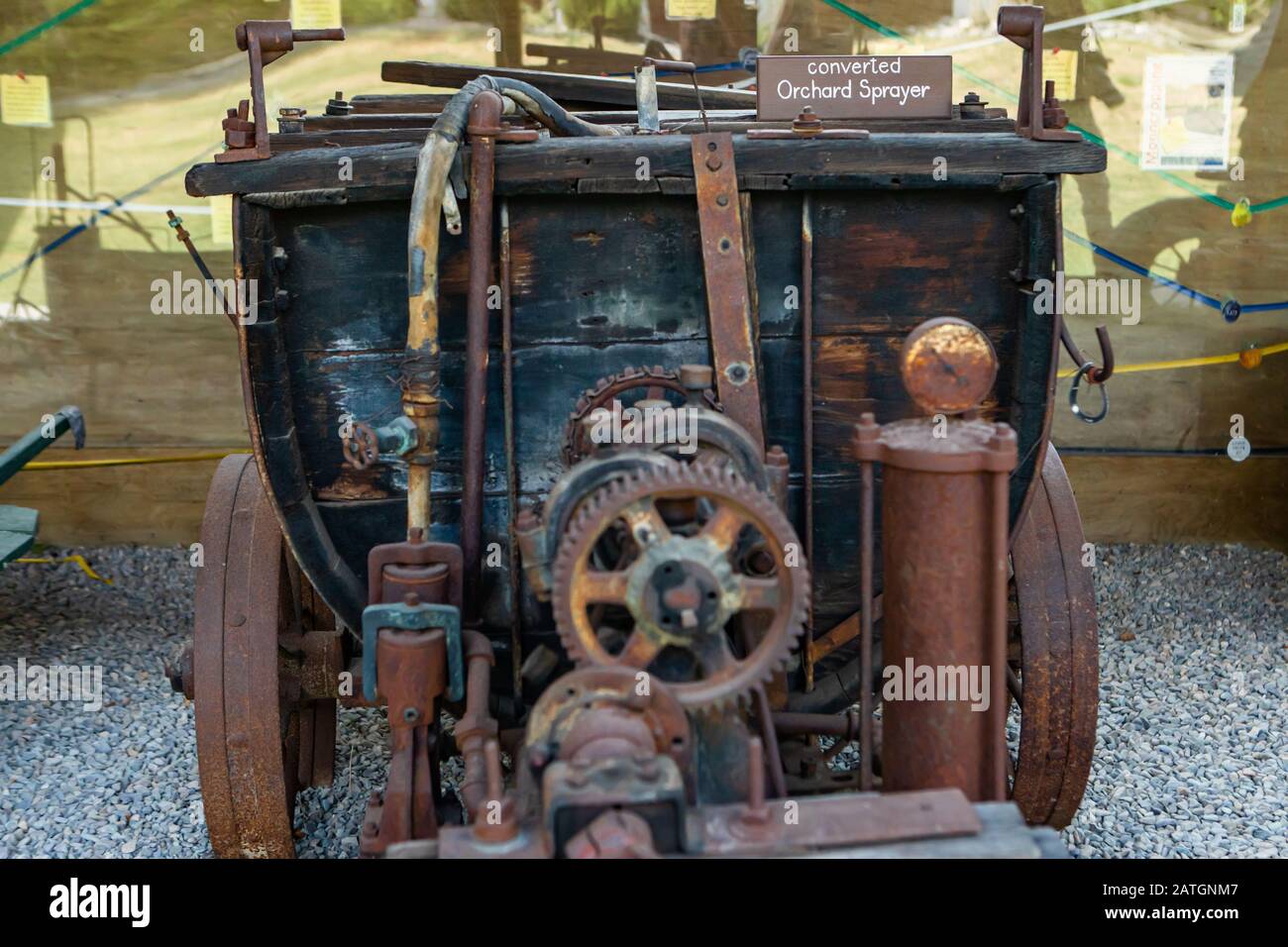 An old converted orchard sprayer. Vintage agricultural equipment and ...