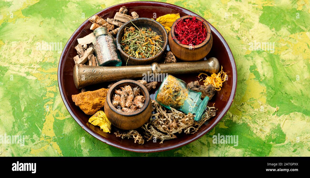 Collection of natural herbal ingredients.Dried herbs for use in ...