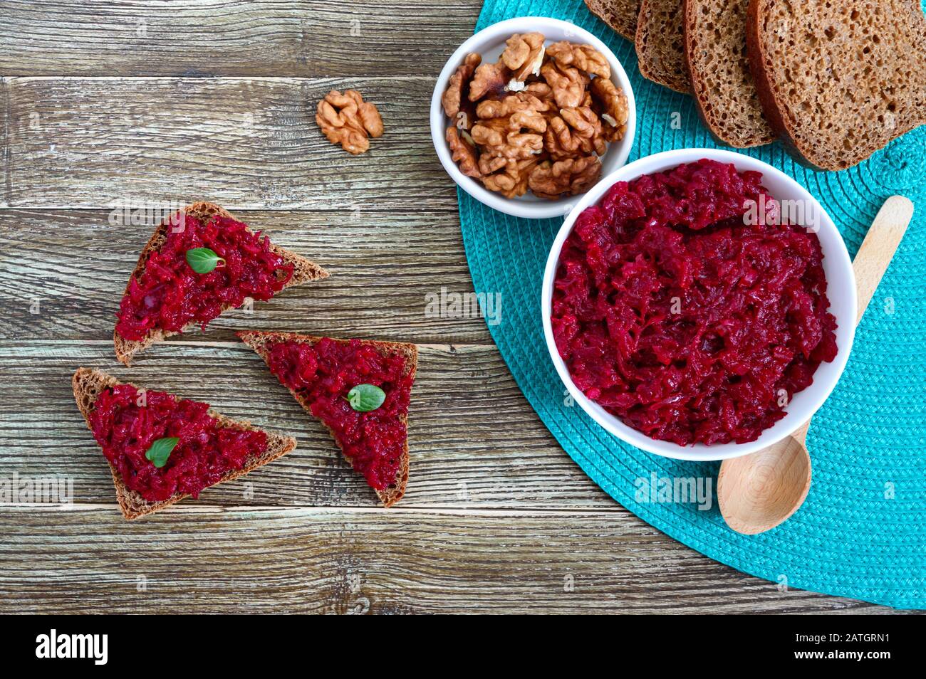 Beetroot caviar. Simple, tasty and healthy vegetable snack. Sliced rye ...