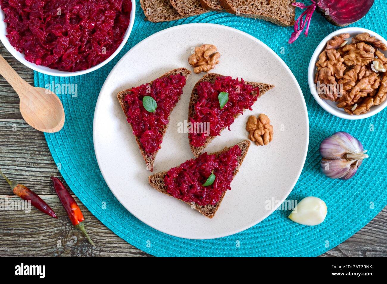 Beetroot caviar. Simple, tasty and healthy vegetable snack. Sliced rye ...