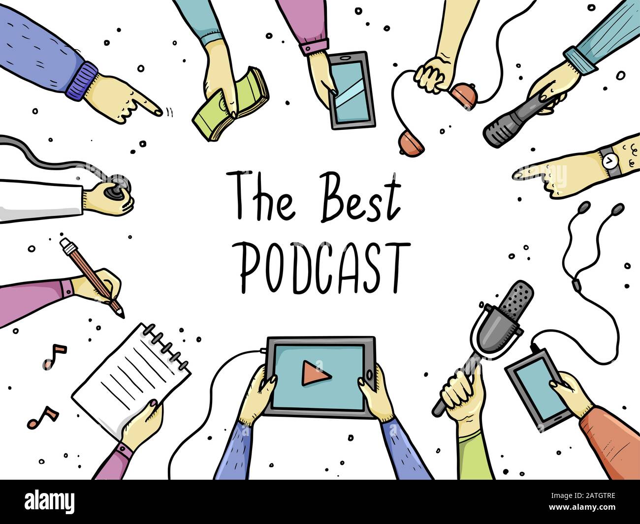 Hand drawn doodle style hands with different elements, microphone ...