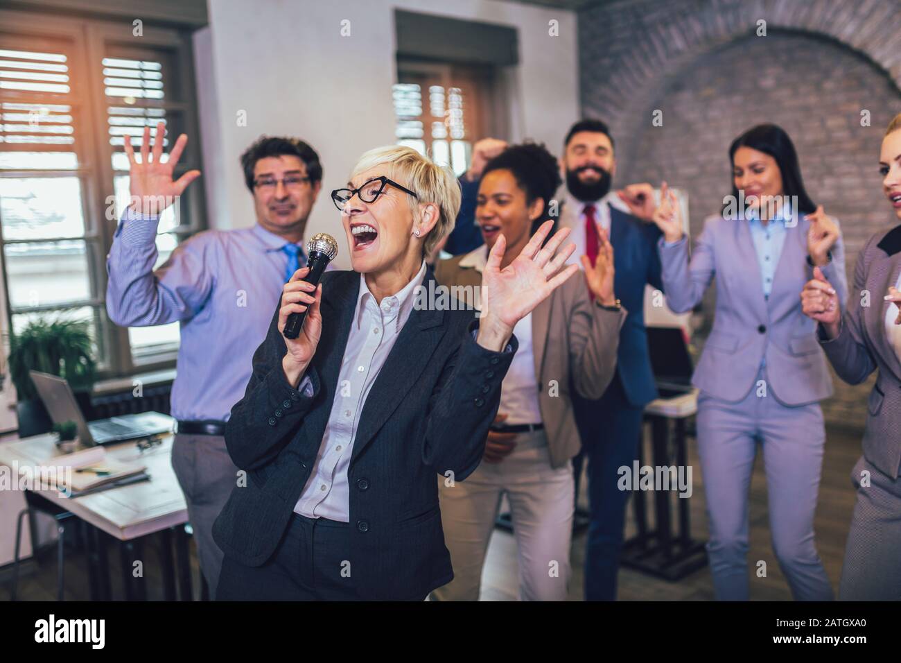 Funny teambuilding activity. Business people making team training ...