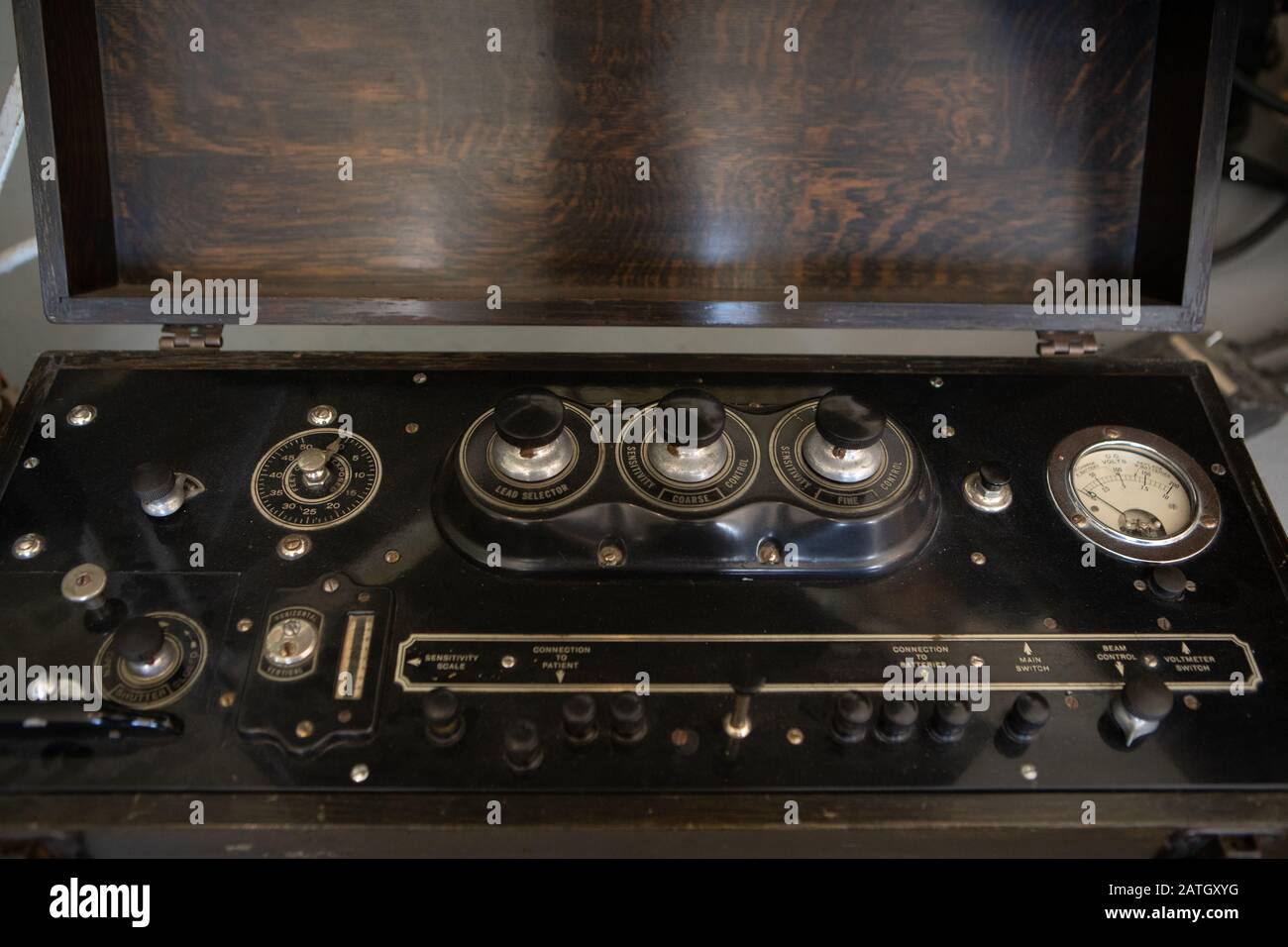 An old vintage control panel with voltmeter. Close-up view of antique ...
