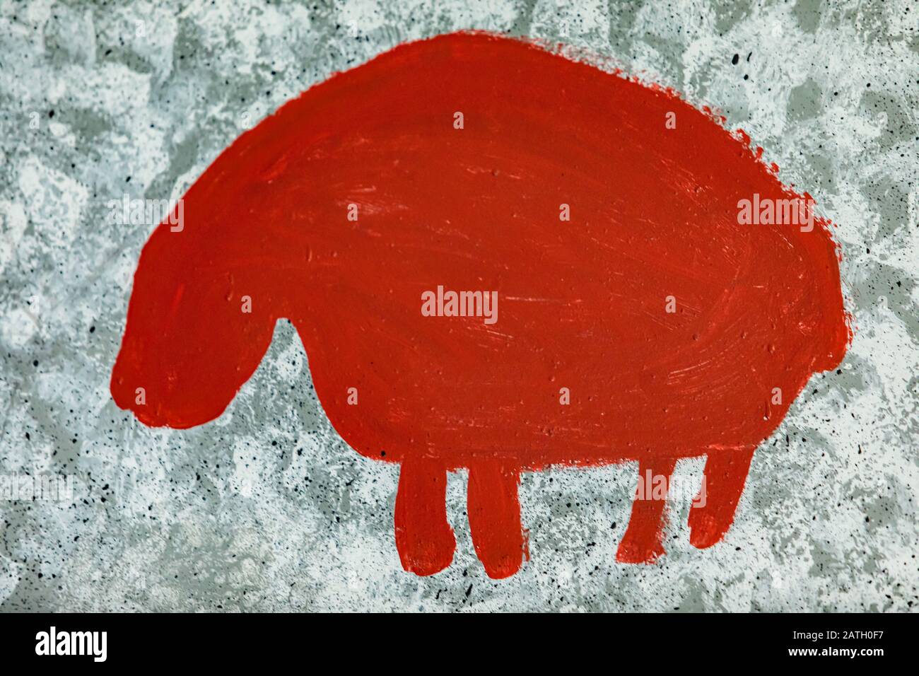 Hand drawn mammal animal painting with red color. Ancient drawing on ...