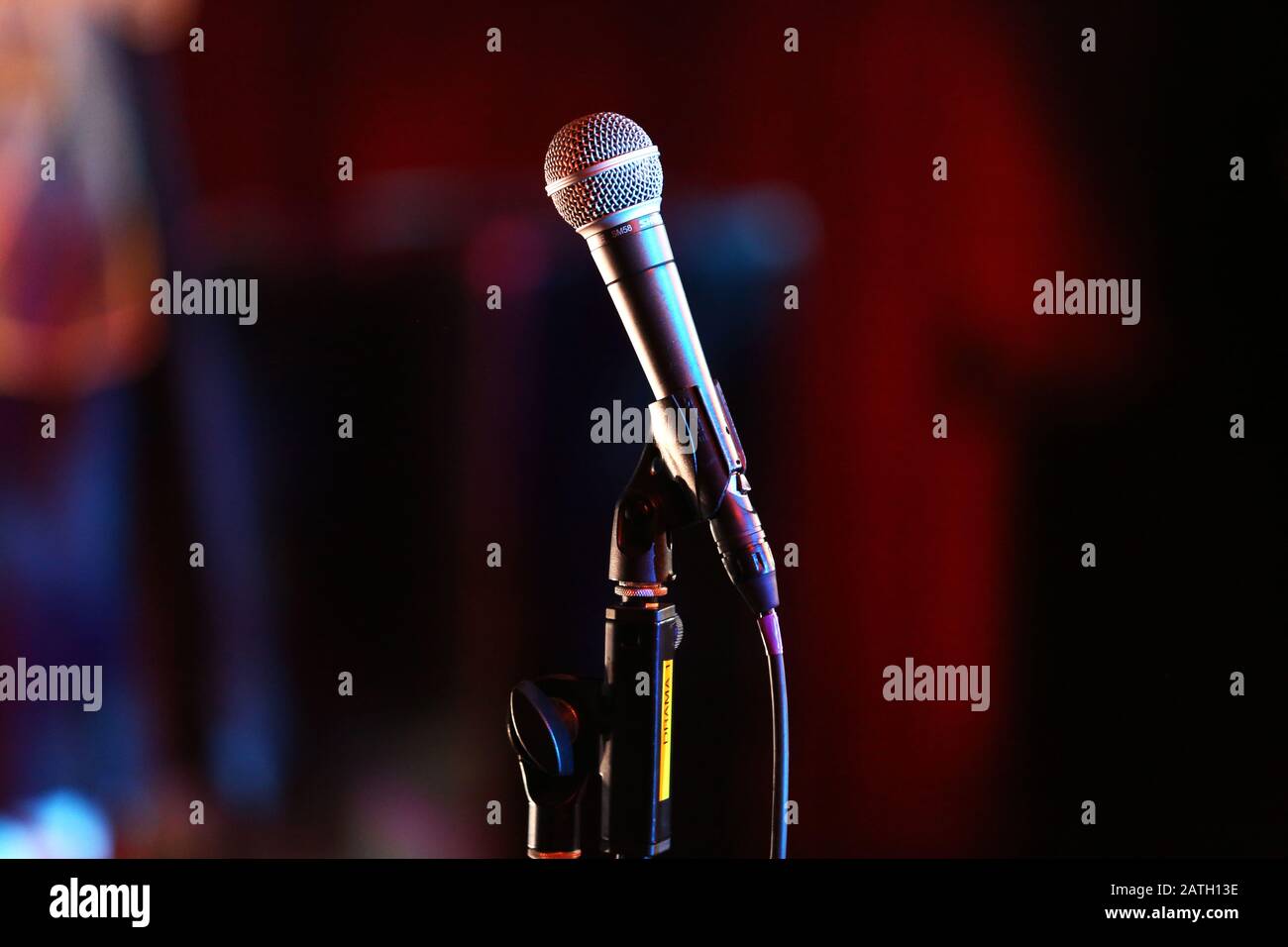 Close-up photograph of a microphone at a music event in Sussex, UK ...