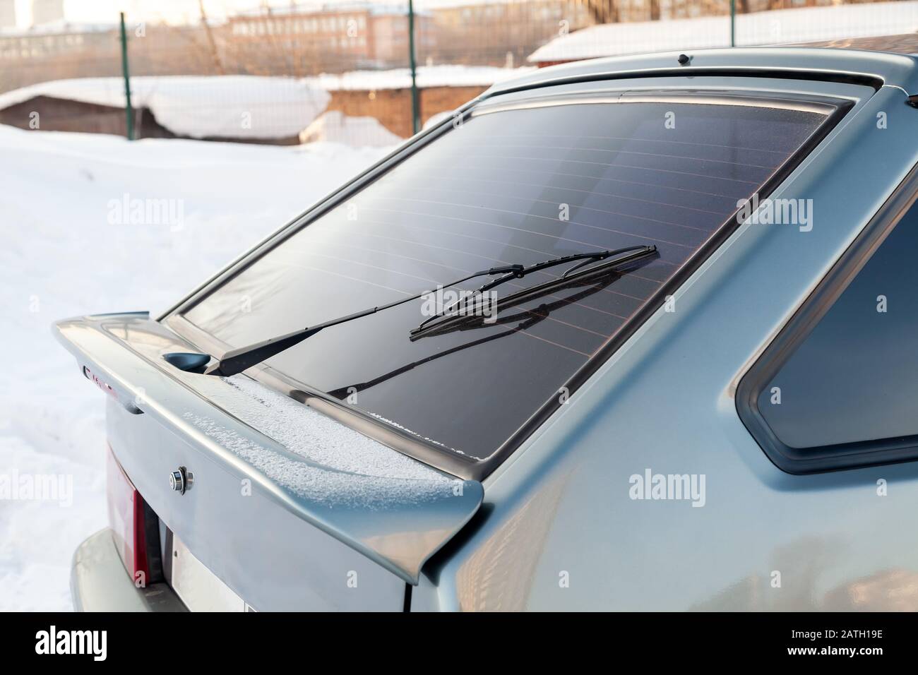 View to the rear window wiper that remove the melted snow and dirt from ...
