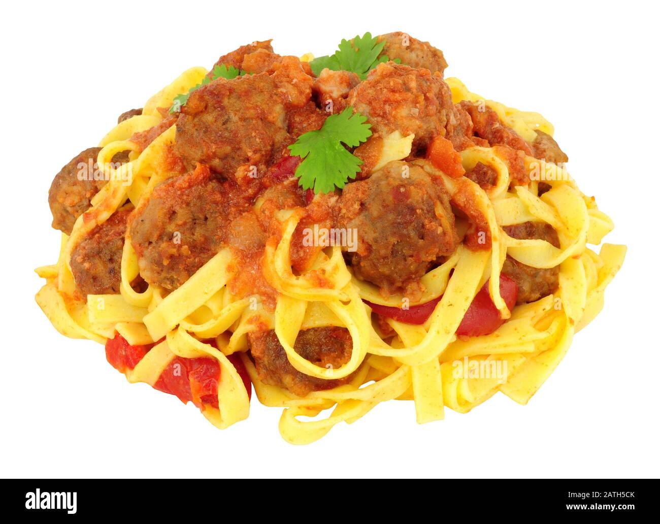 Pork meatballs and tagliatelle pasta meal isolated on a white ...
