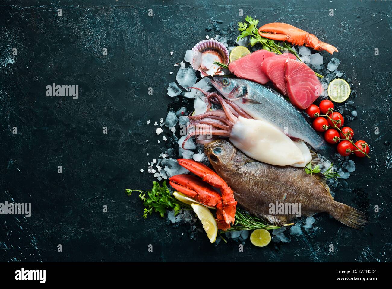 Fresh fish and seafood. Healthy food. Flounder, lobster, squid, tuna ...