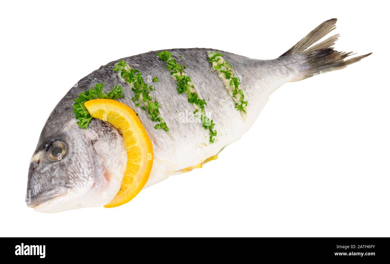 Whole raw bream fish prepared for grilling isolated on a white ...