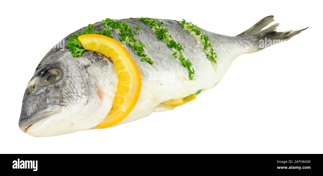 Whole raw bream fish prepared for grilling isolated on a white ...