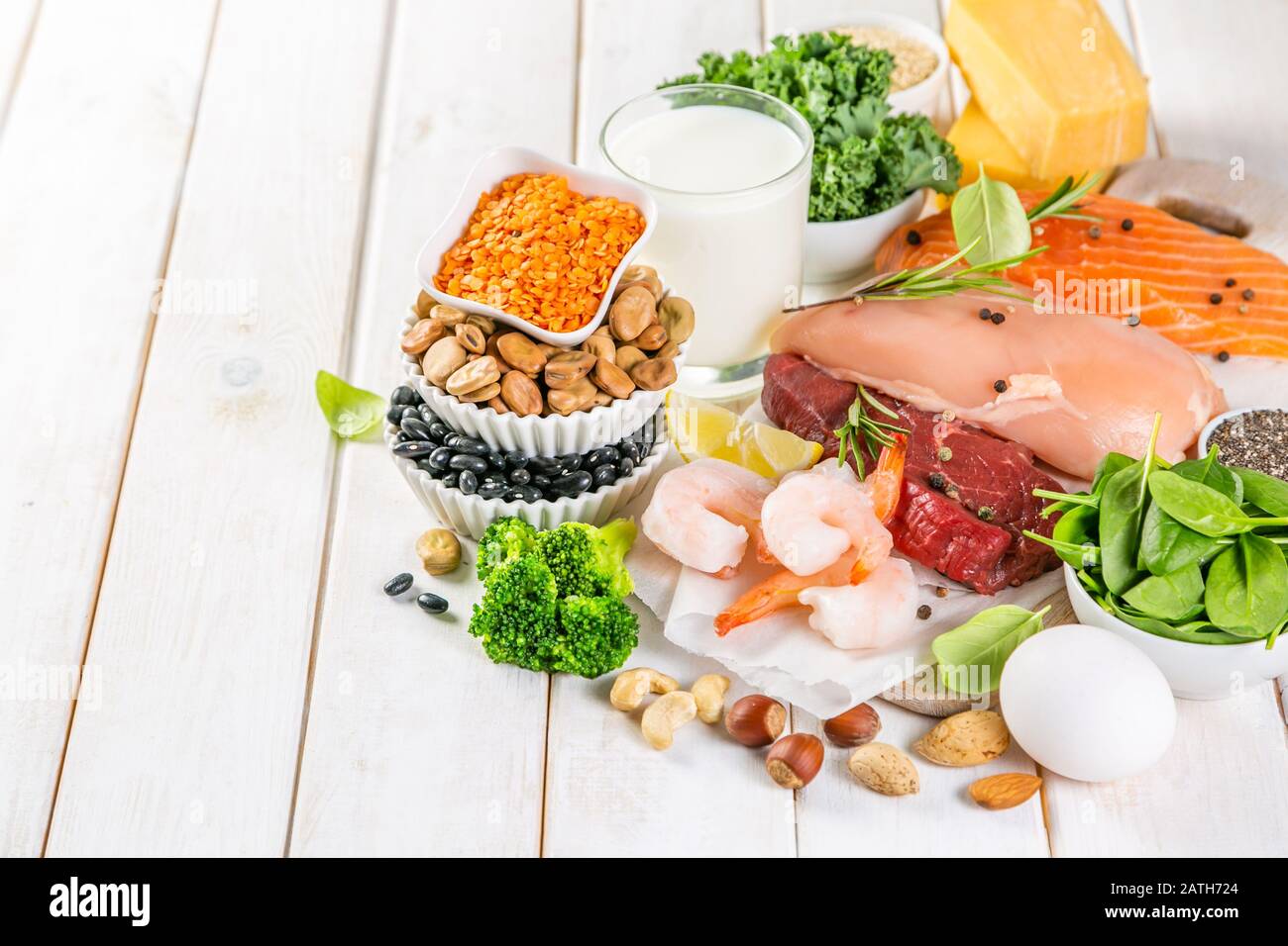 Selection of animal and plant protein sources on wood background Stock ...