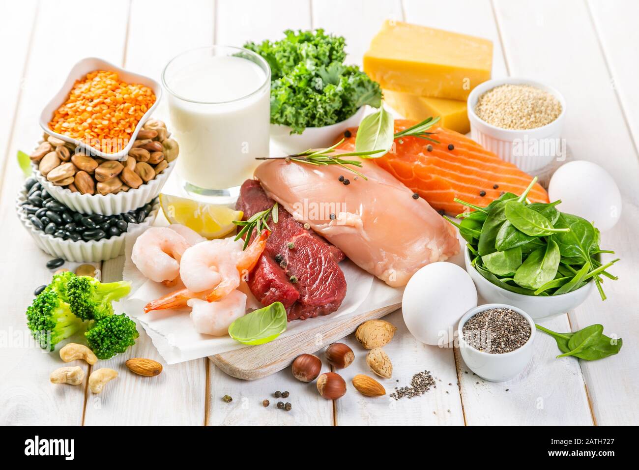 Selection of animal and plant protein sources on wood background Stock ...