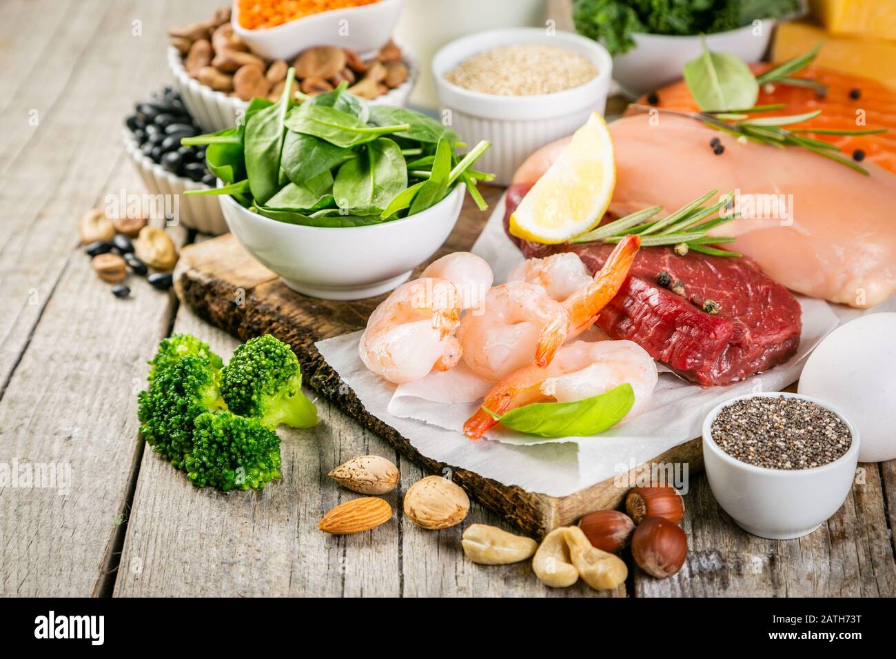 Selection of animal and plant protein sources on wood background Stock ...