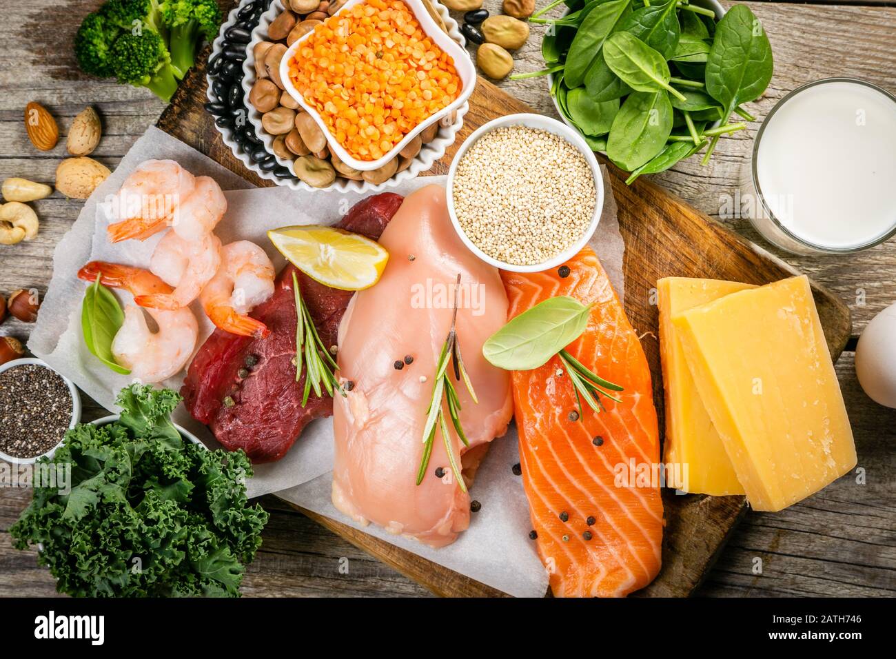 Selection of animal and plant protein sources on wood background Stock ...