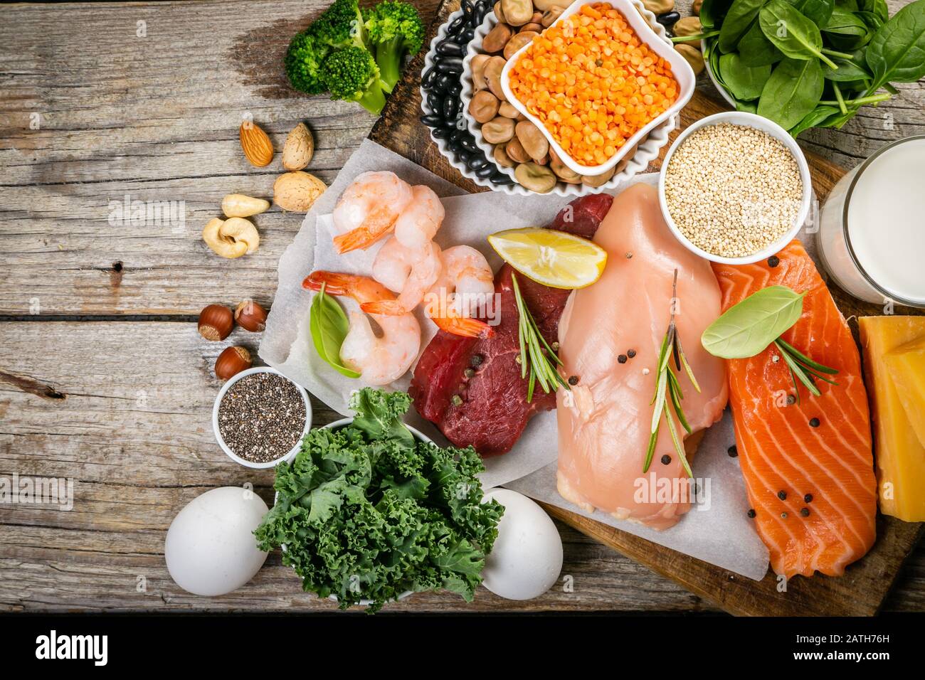 Selection of animal and plant protein sources on wood background Stock ...