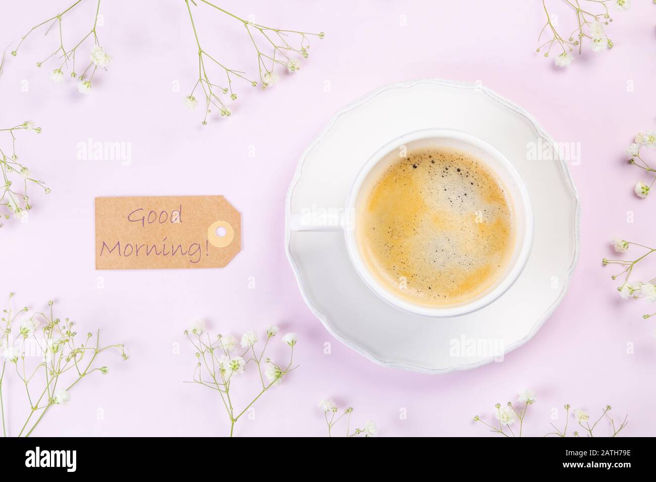 Good morning concept - coffee, flowers, notebook Stock Photo - Alamy
