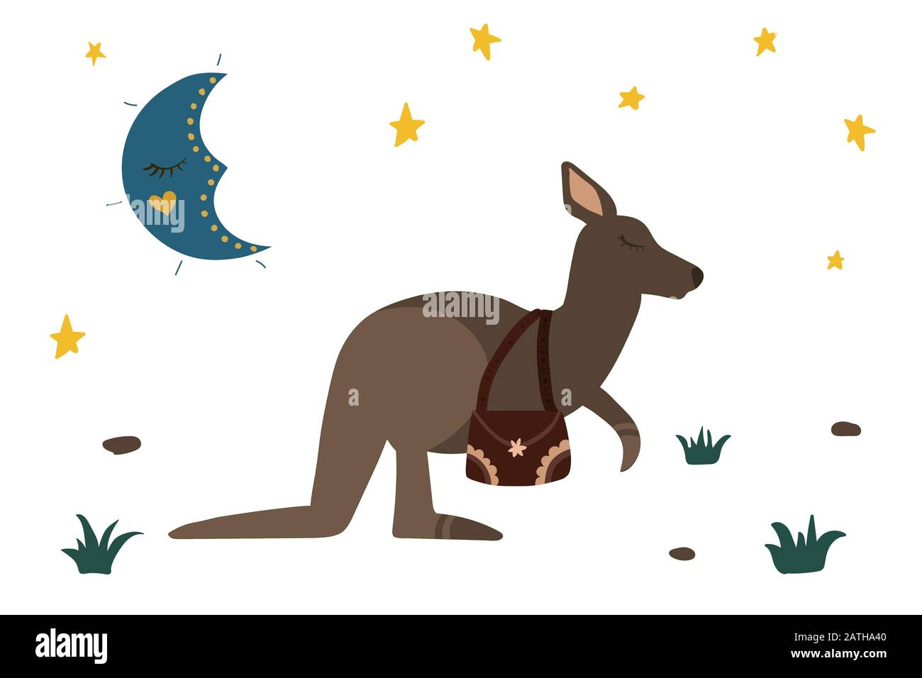 Cute kangaroo with bag. Moon and stars in night sky. Sweet dreams ...