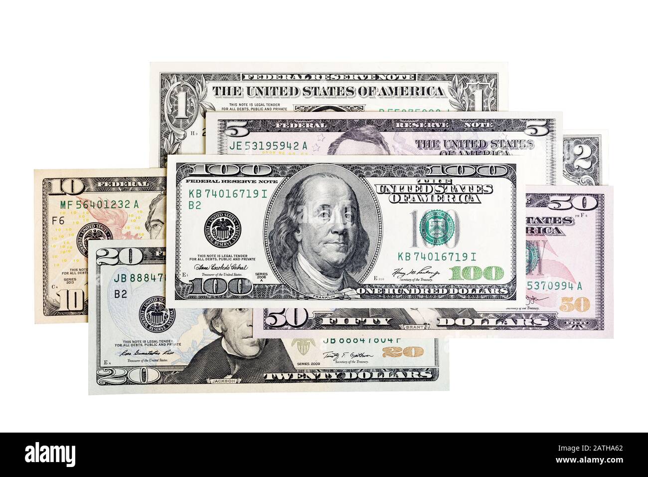 Various US dollar notes. All on white background Stock Photo - Alamy