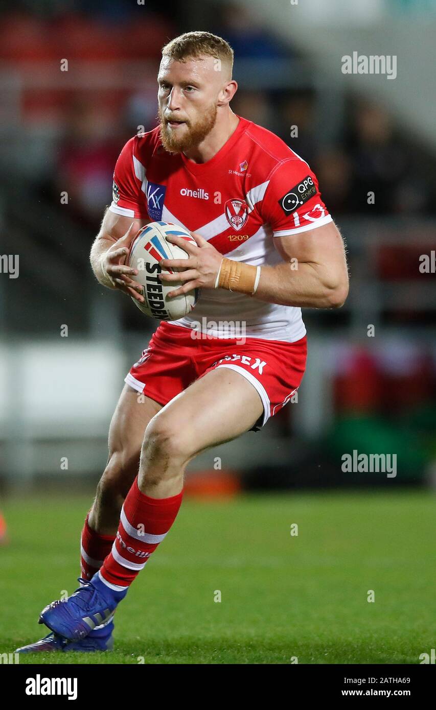 St Helens Saints' Luke Thompson in action against Salford Red Devils ...