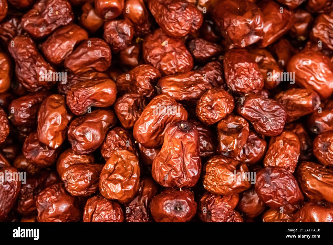 Top view of sweet dried dates (fruits of date palm Phoenix dactylifera ...