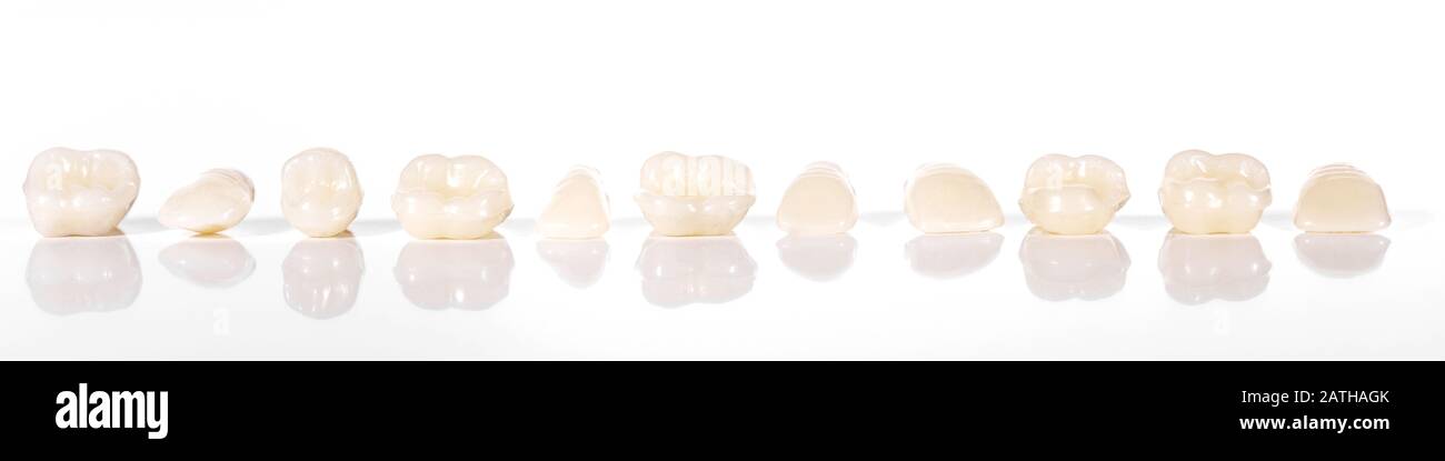 Panorama with many different teeth in front of white background Stock ...
