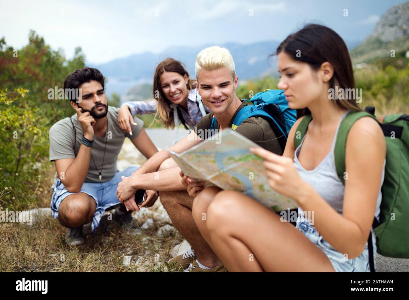 Group of happy friend traveler walking and having fun. Travel lifestyle ...